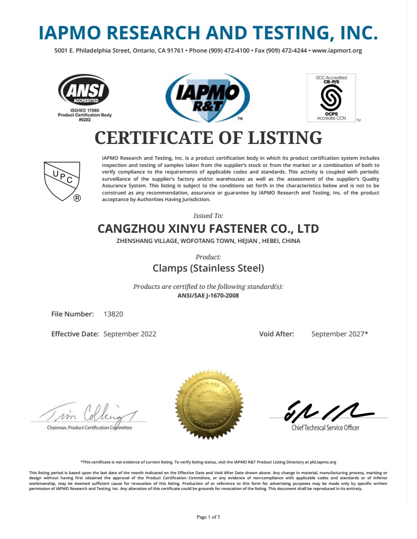 XINYU get UPC certificate of clamps - LT Hose Clamp